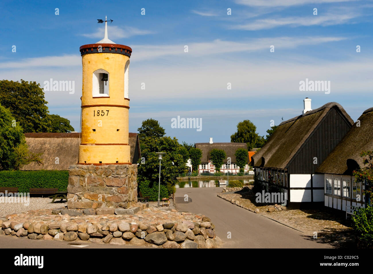 The famous yellow bell tower from 1857, Nordby, Samsoe, Denmark, Europe ...