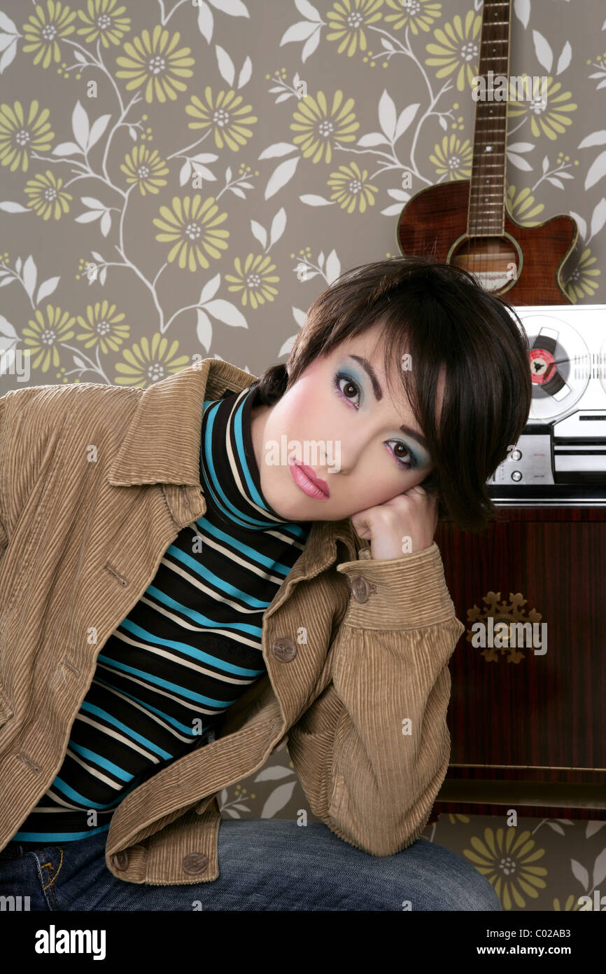 retro woman musician guitar player vintage wallpaper Stock Photo - Alamy