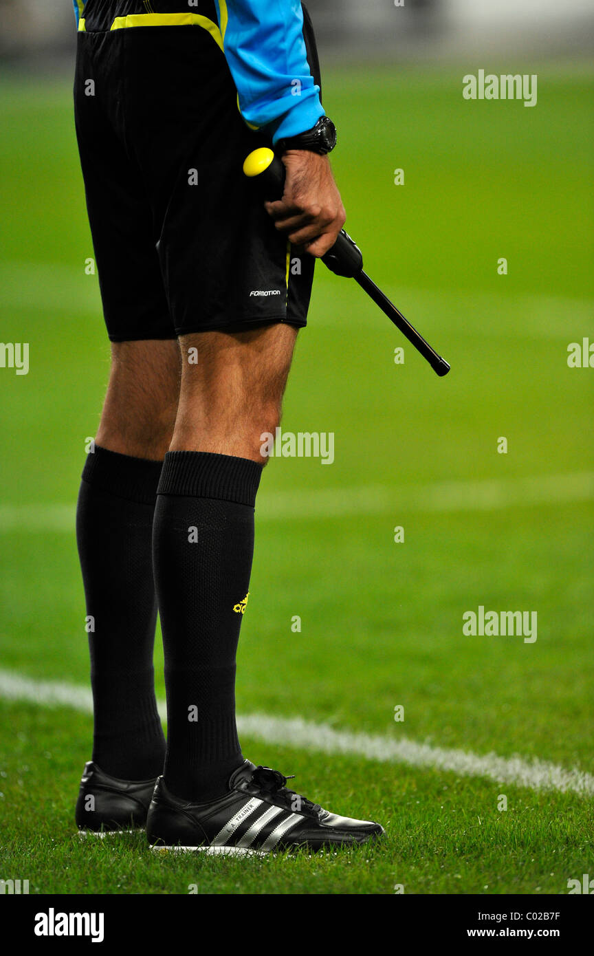 Testing the goal judge, goalkeeper referee with radio equipment, during ...