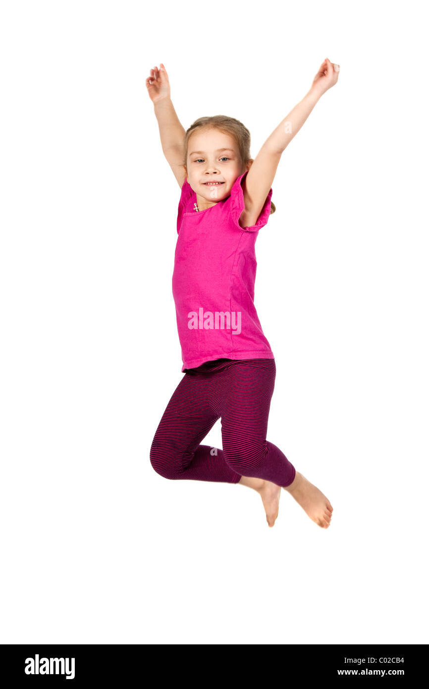 Beautiful girl jumping high isolated on white Stock Photo - Alamy
