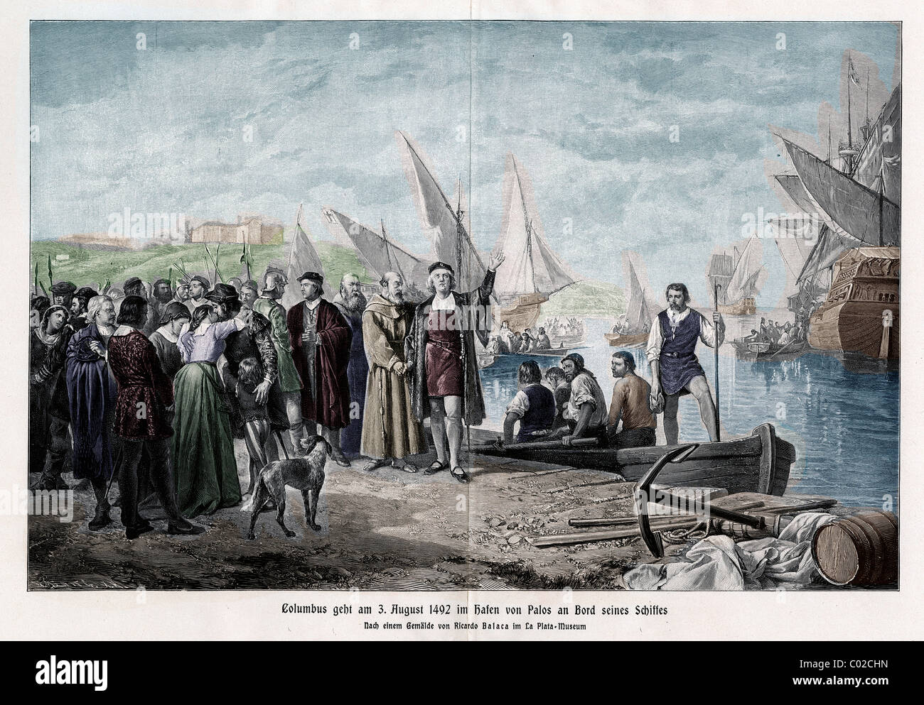 Christopher Columbus embarking on 3rd August 1492 in the port of Palos ...