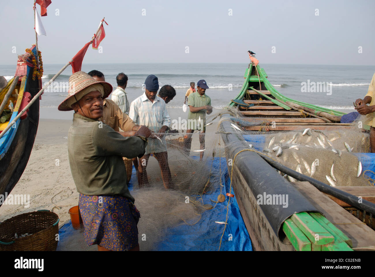 Traditional Kerala fishermen bring their catch onto a beach between ...