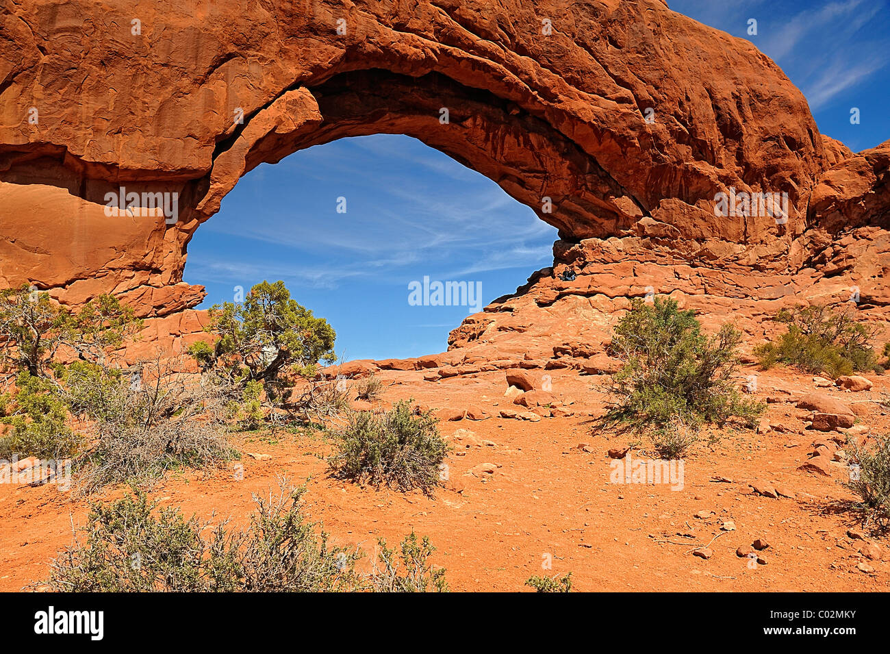 North arch of Double Arch formation in Arches National Park in Utah ...