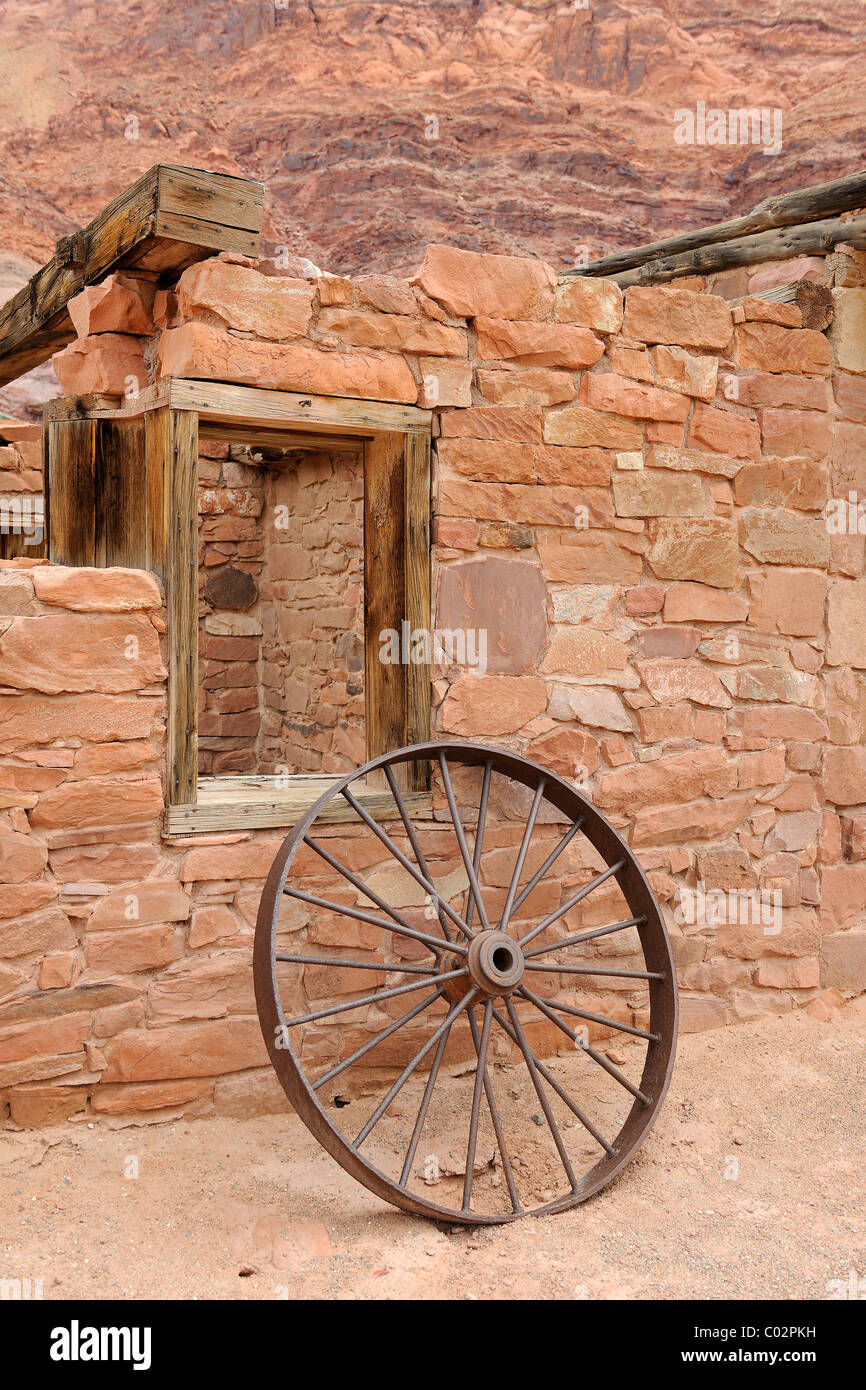 Old iron wagon wheel at Lee's Fort from 1880, Lee's Ferry, Arizona, USA ...