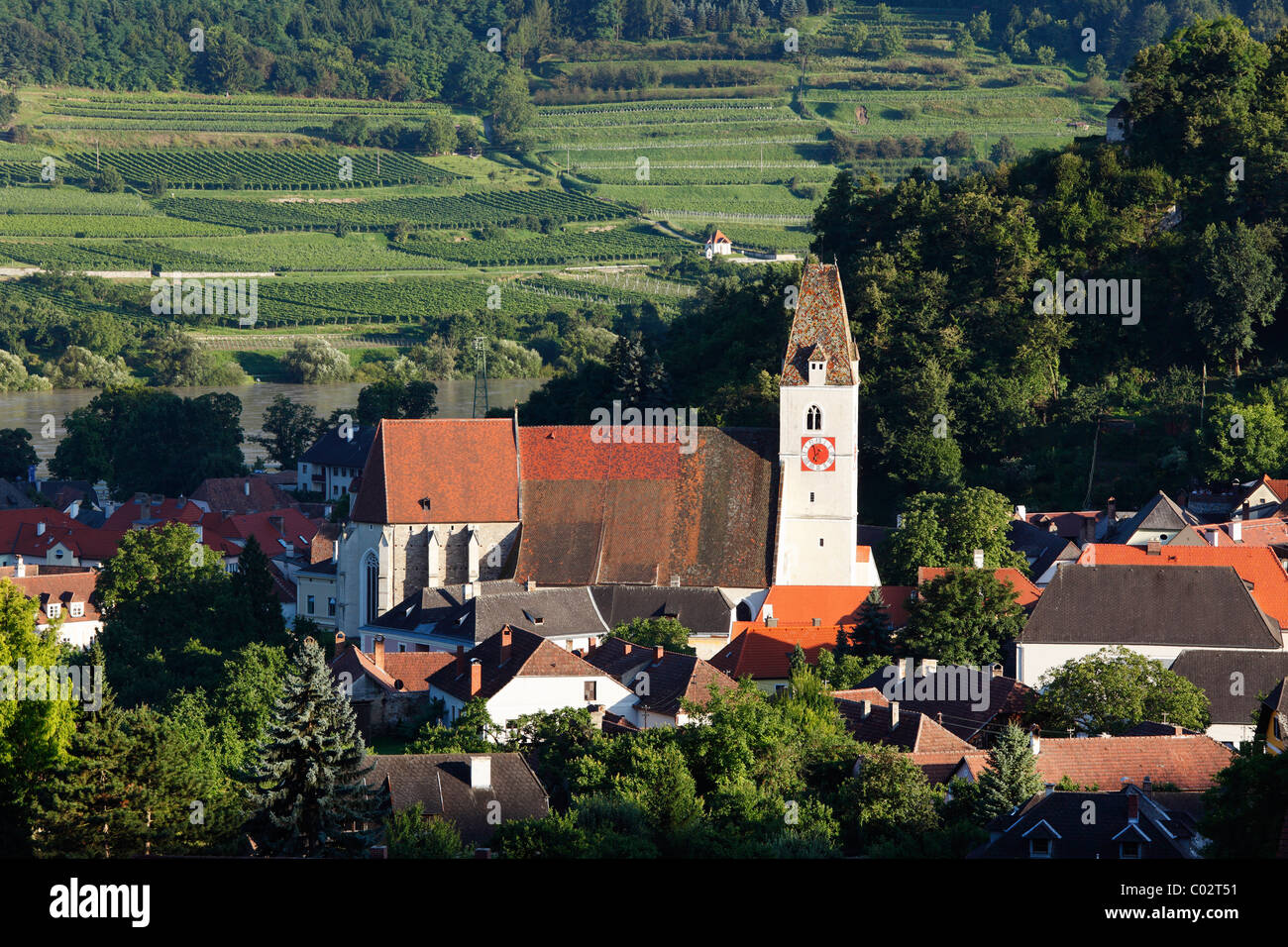 Spitz with parish church and the Danube, Wachau, Waldviertel, Lower ...