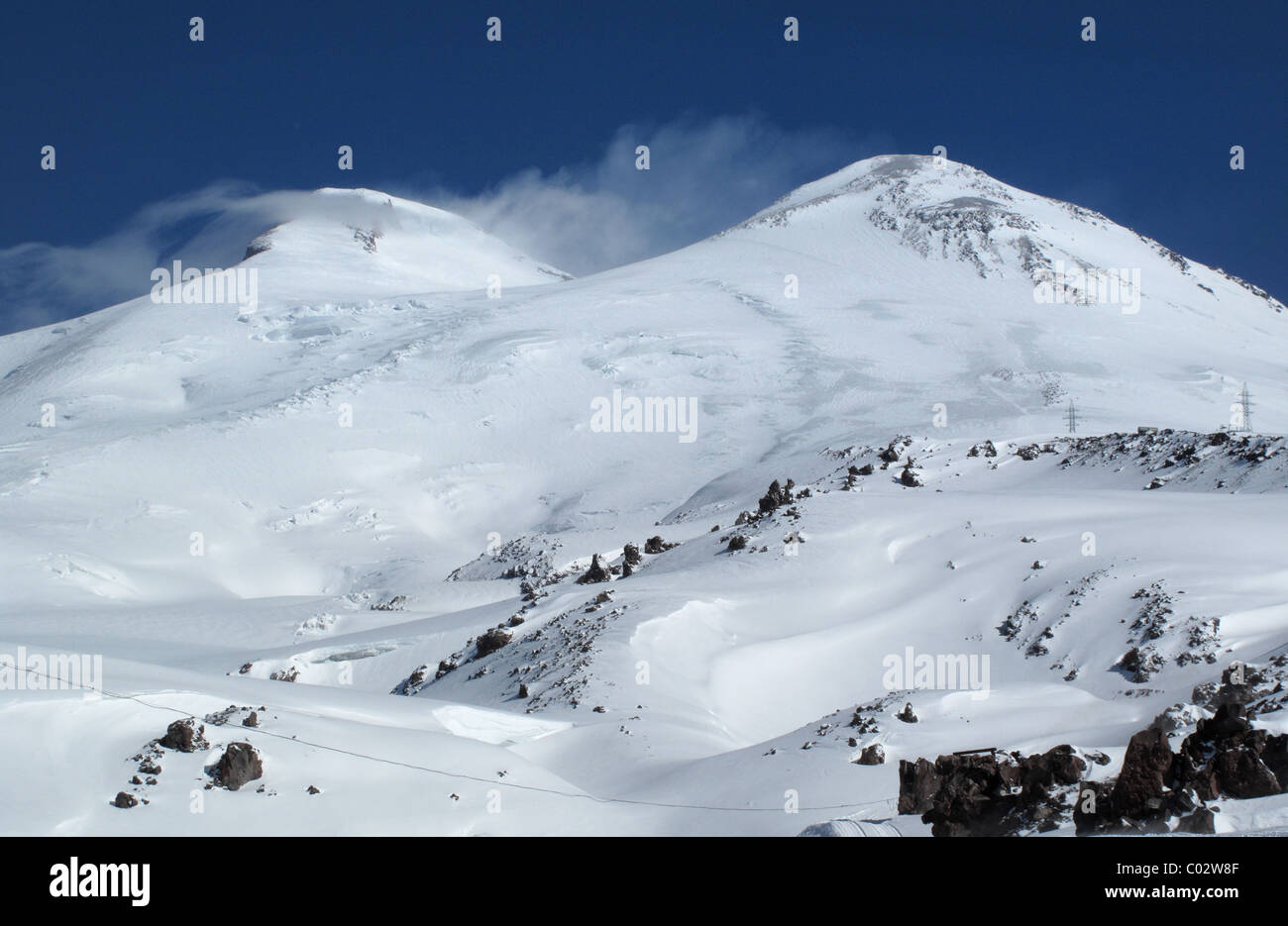 The twin summits of Mount Elbrus, Caucasus, Russia. Europes highest ...