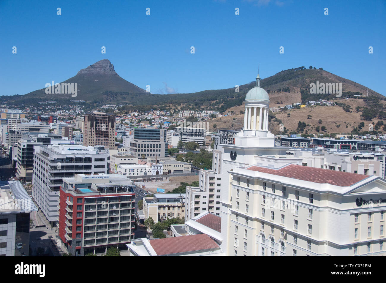 South Africa, Cape Town. Downtown Cape Town with views of landmark rock ...