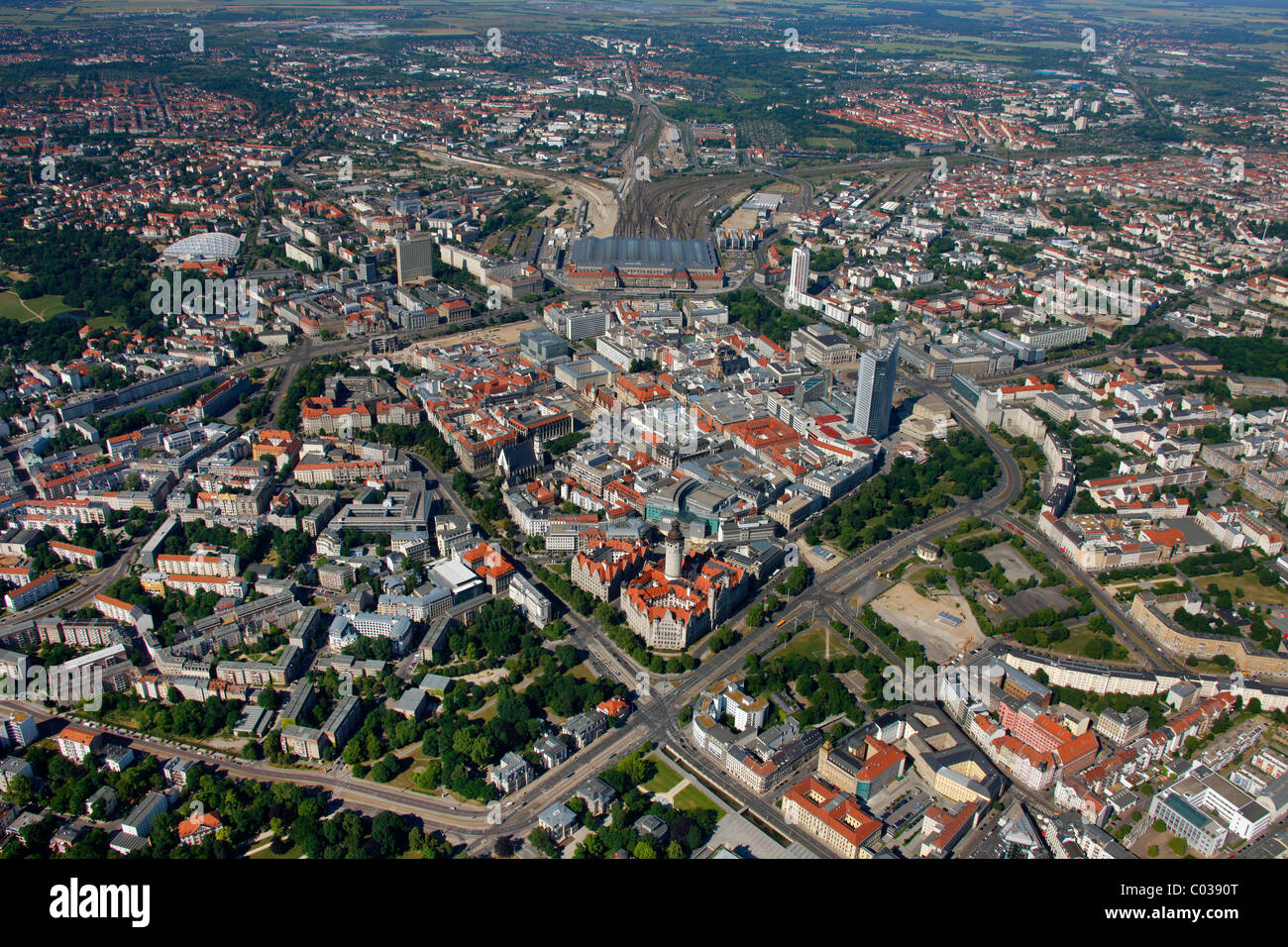 Aerial view, downtown, new town hall, urban administration, Leipzig ...
