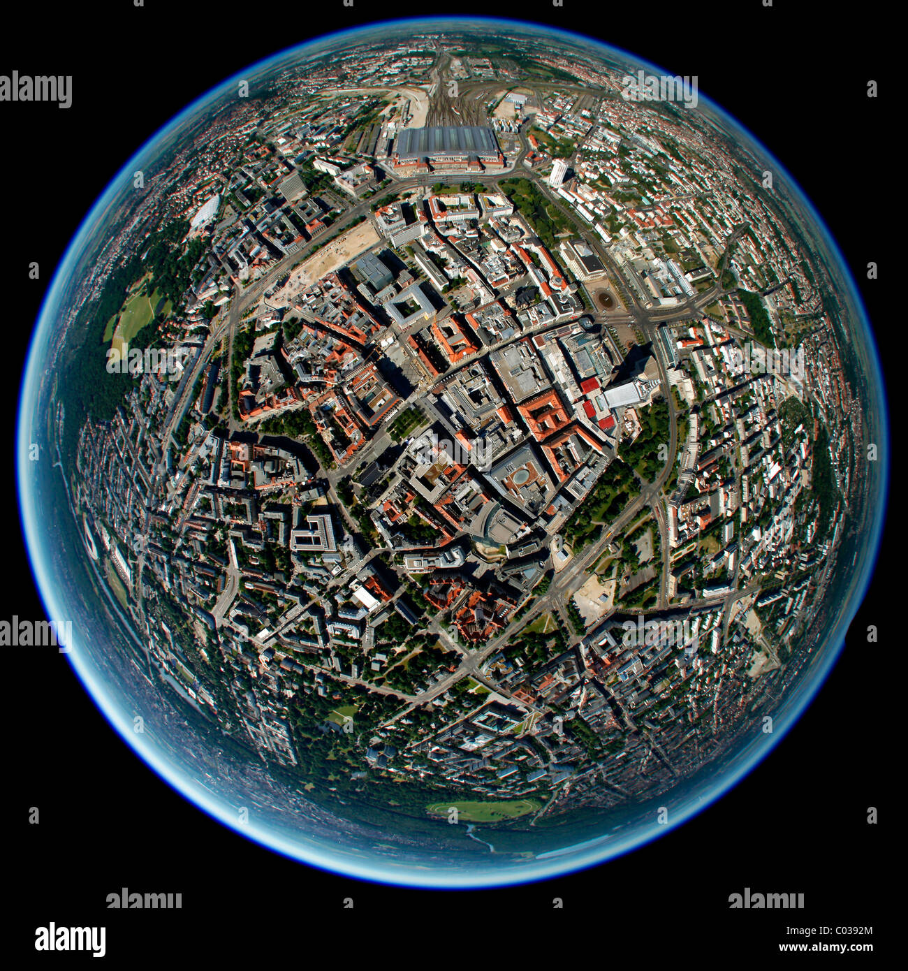 Aerial view, fisheye, globe panorama, downtown, new town hall, urban ...