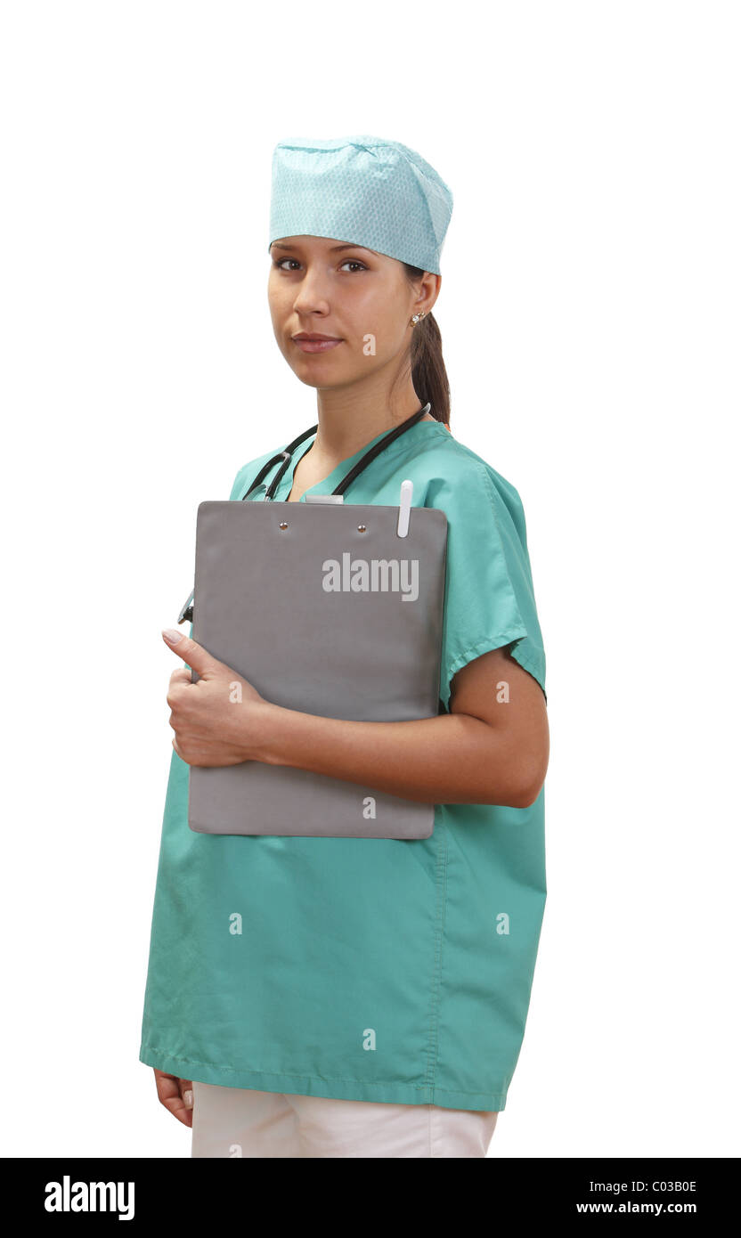 Nurse with stethoscope and notepad isolated against a white background ...