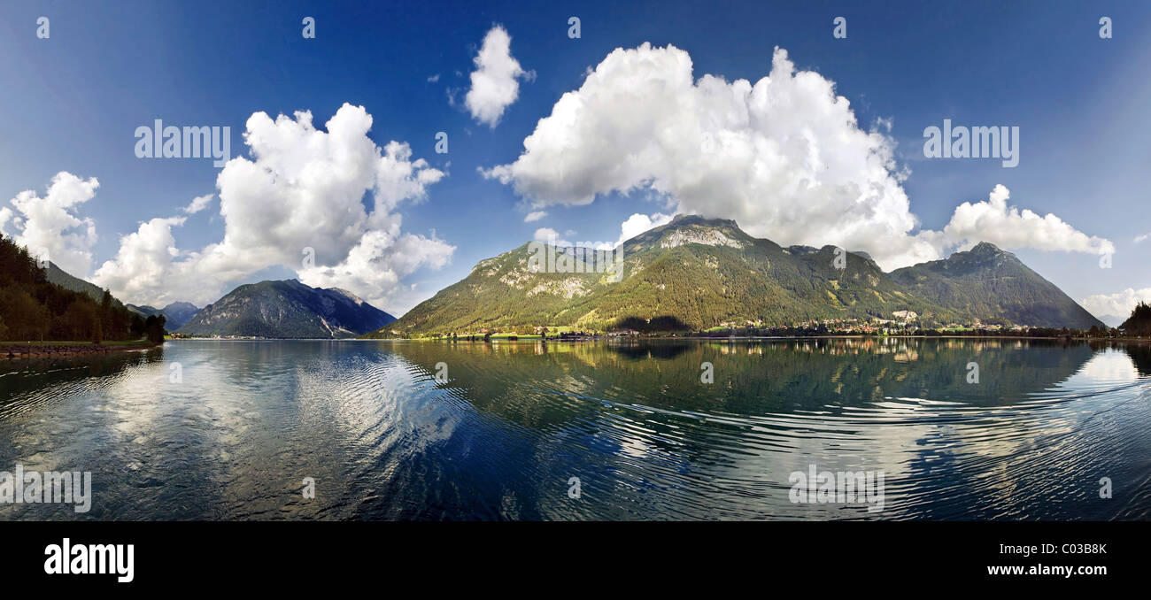 Panorama of Lake Achensee with the Rofan Mountains and bizarre clouds ...