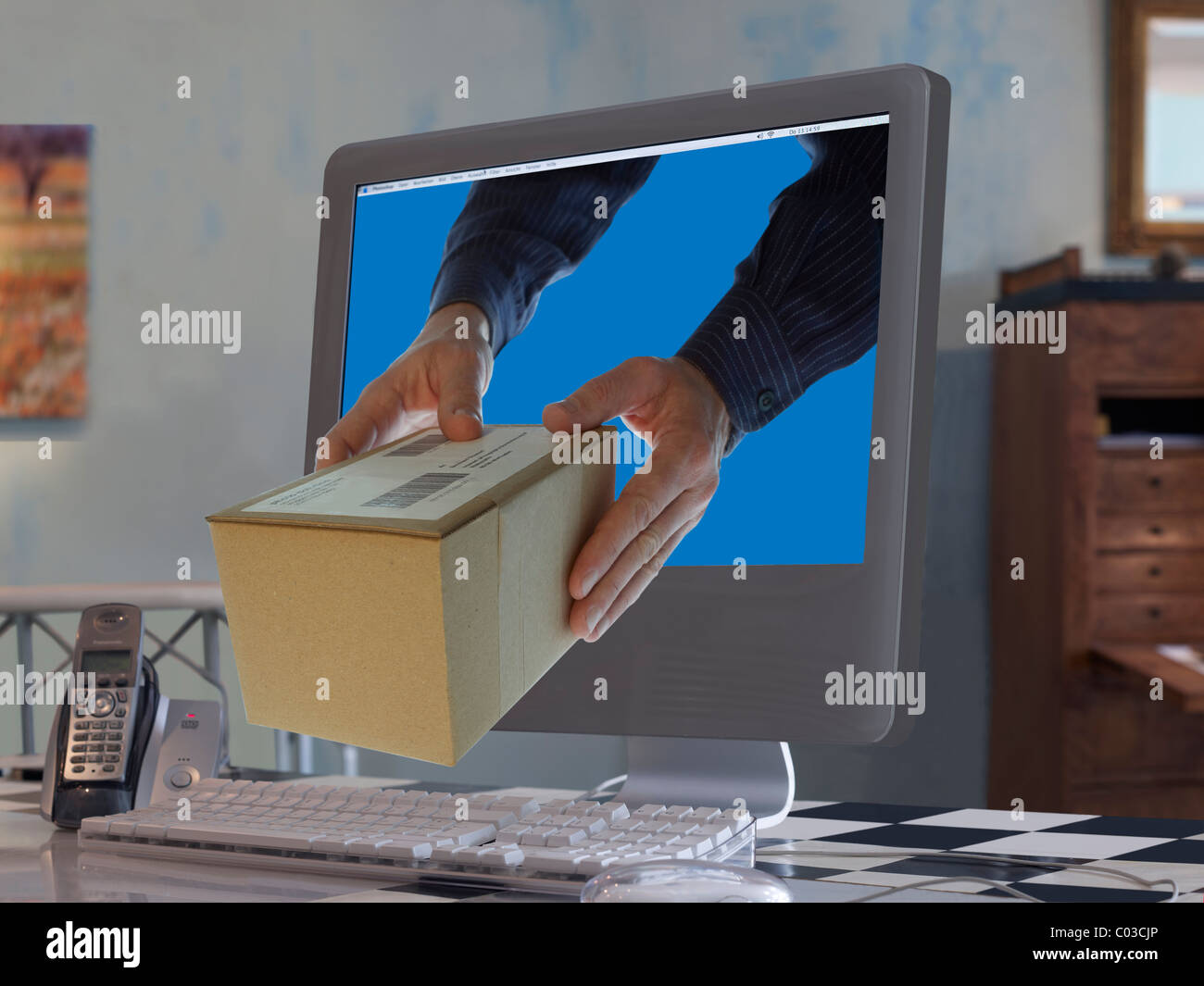 Hand coming computer monitor hi-res stock photography and images - Alamy