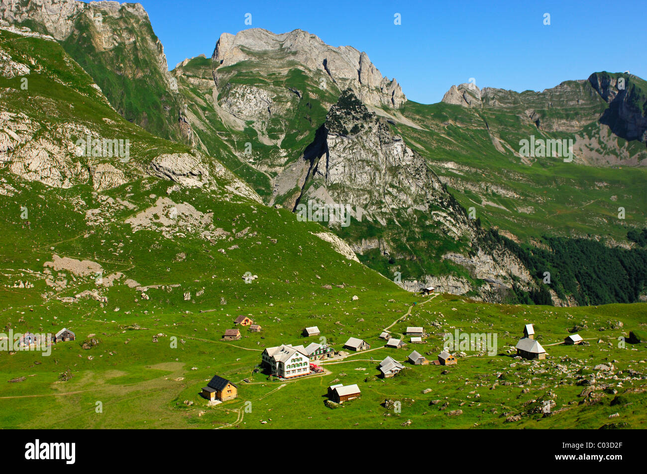 Alpstein hiking region, view down to Meglisalp Mountain Inn, Alpstein ...