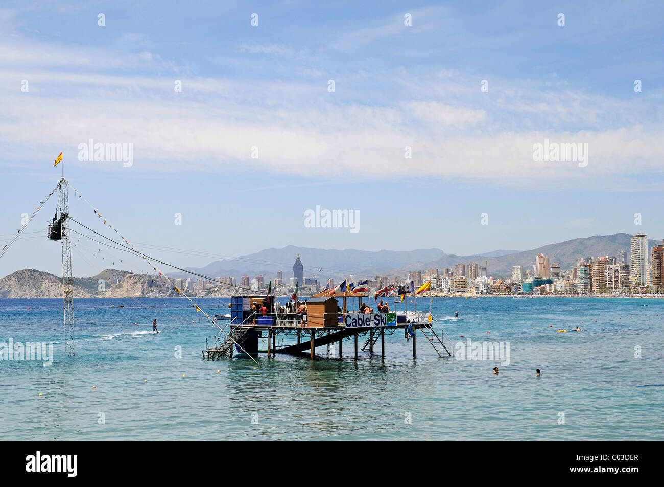 Cable skiing, water skiing, Playa de Levante beach, Benidorm, Costa ...