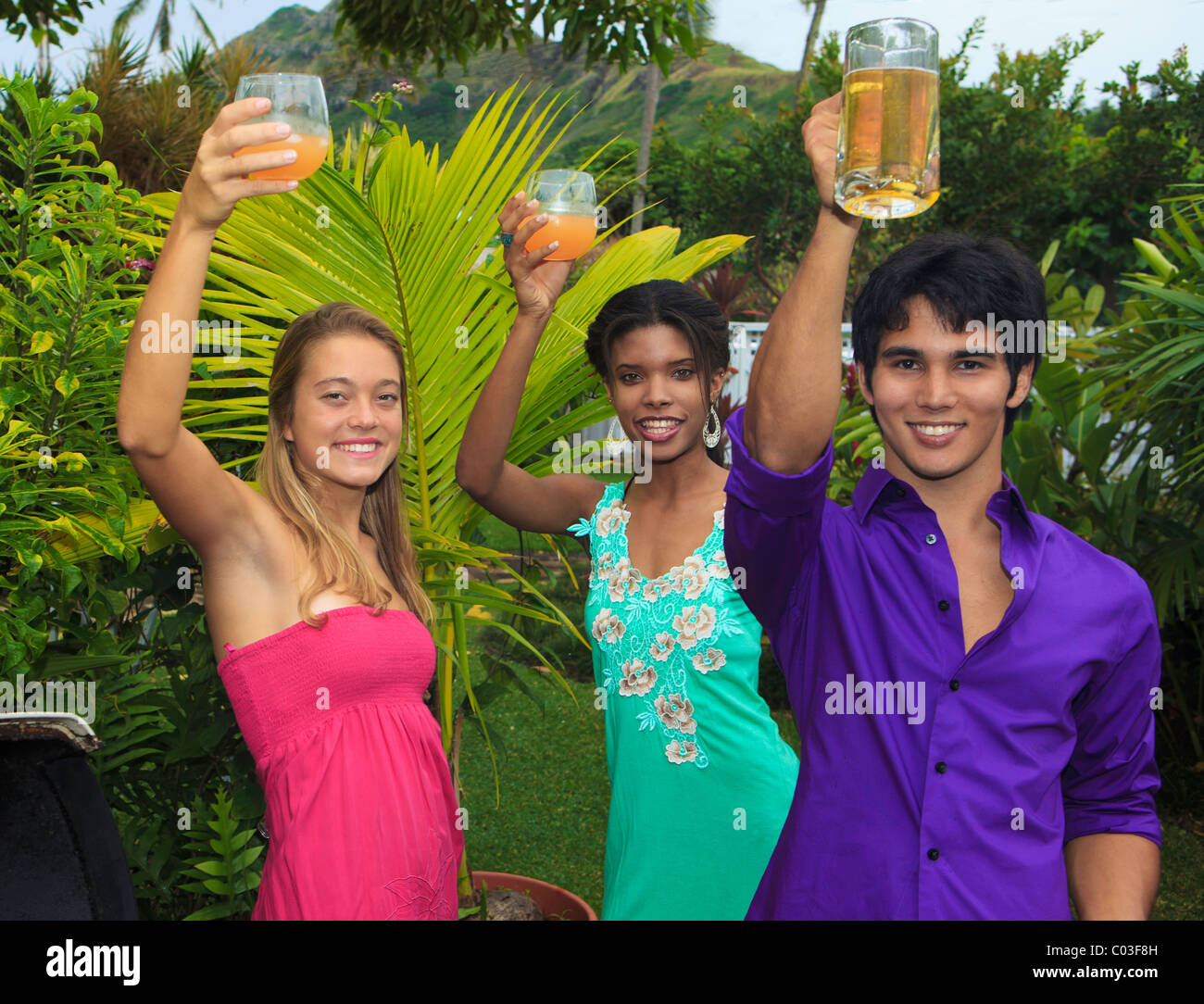 three friends at a barbecue party in hawaii Stock Photo - Alamy