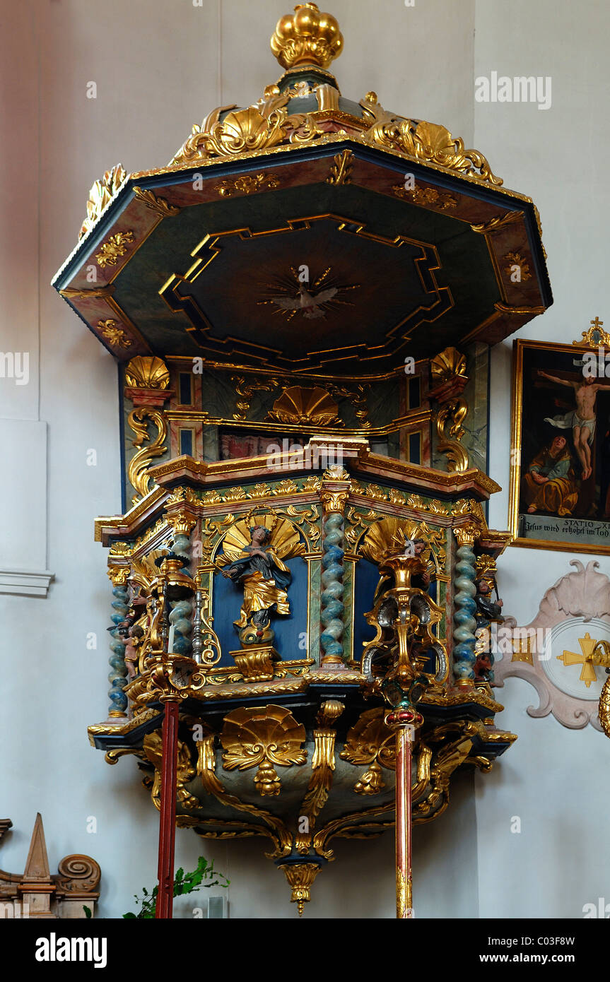 Ornate Baroque pulpit in the parish church of St. Peter and Paul ...