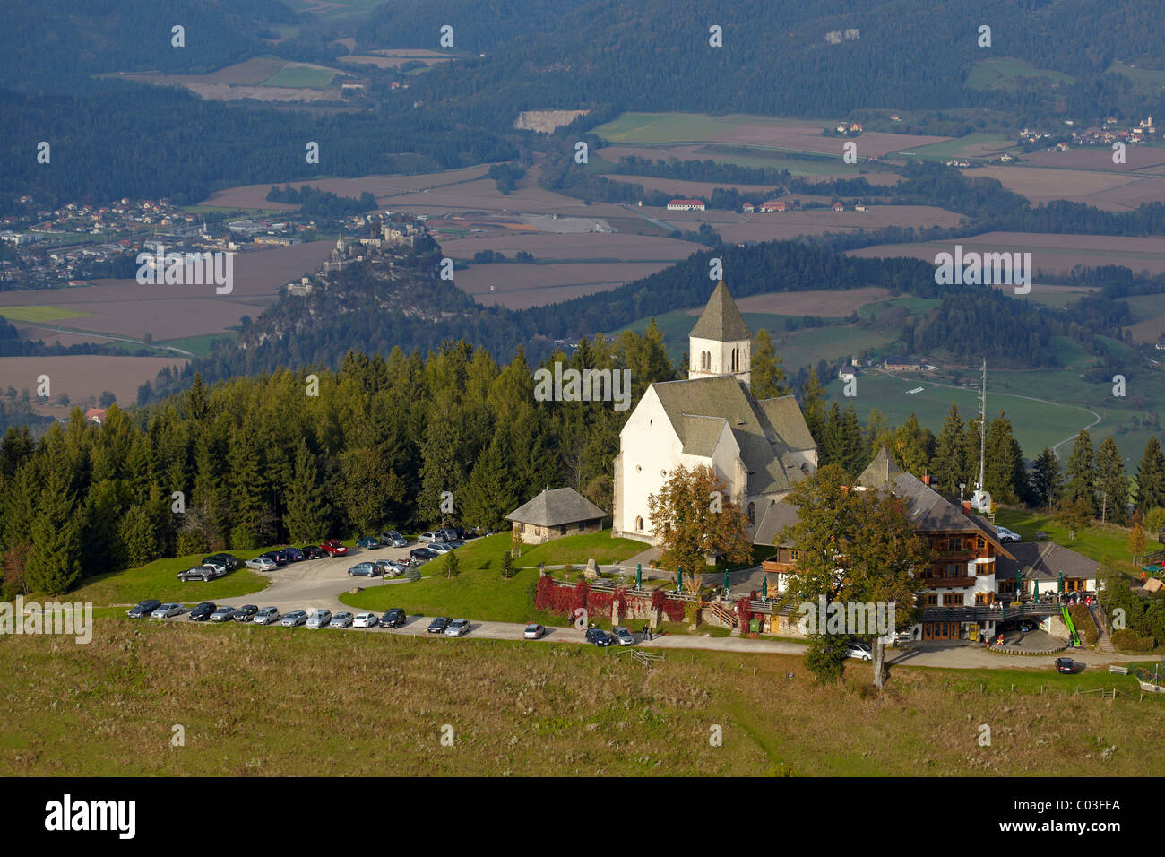 Aerial view, Mt. Magdalensberg with Burg Hochosterwitz castle ...