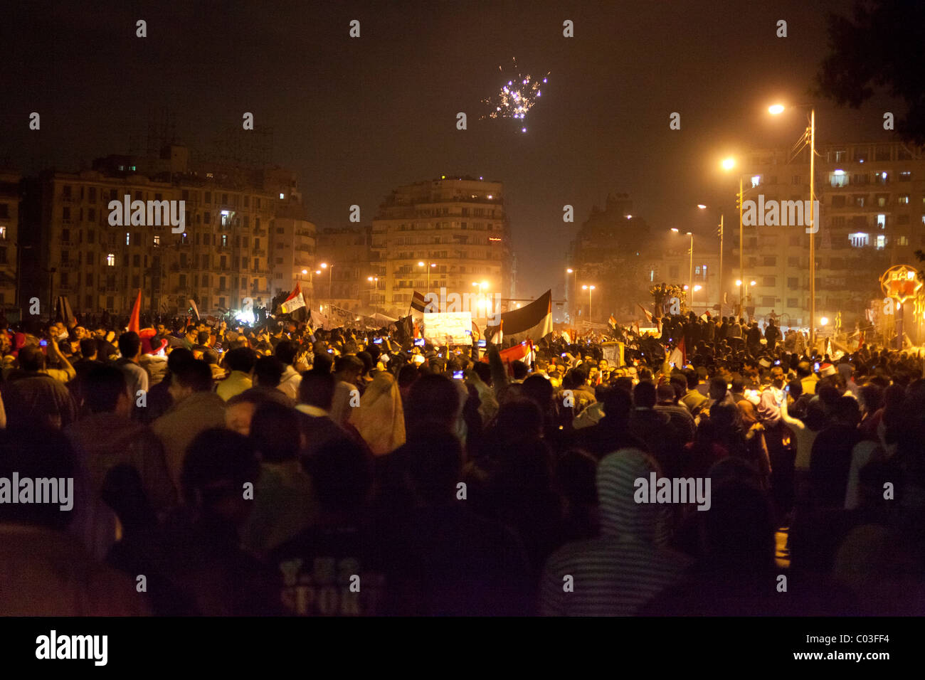 celebratory fireworks over Tahrir Square after victory in revolution ...