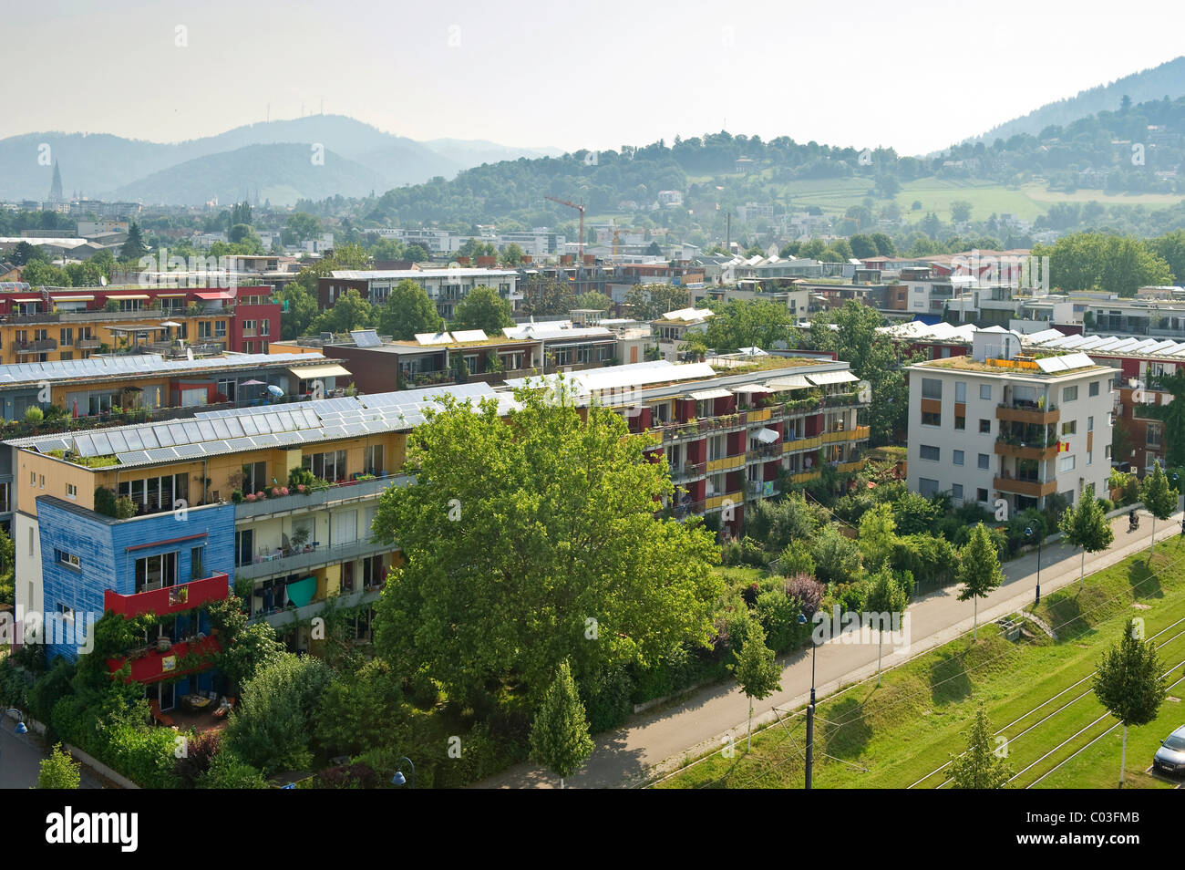 Passive houses in the Vauban district, Freiburg, Breisgau region, Baden ...