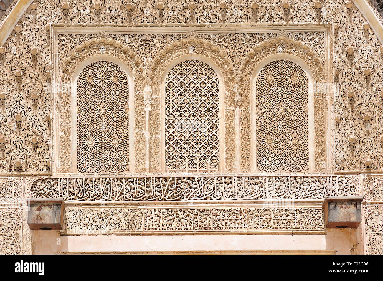Elaborate stucco ornaments, arabesques and Koranic verses made of ...