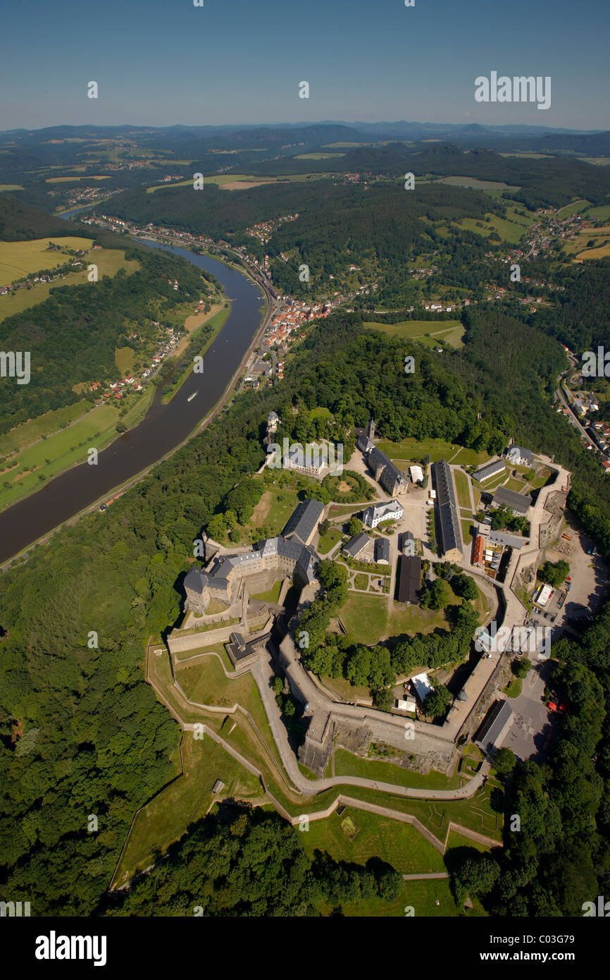 Aerial view, Koenigstein Fortress, Koenigstein, Elbtal valley, Elbe ...