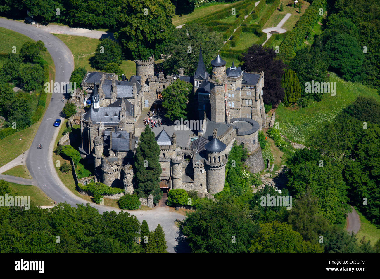 Aerial view, Loewenburg castle, Bergpark Wilhelmshoehe park, Kassel ...