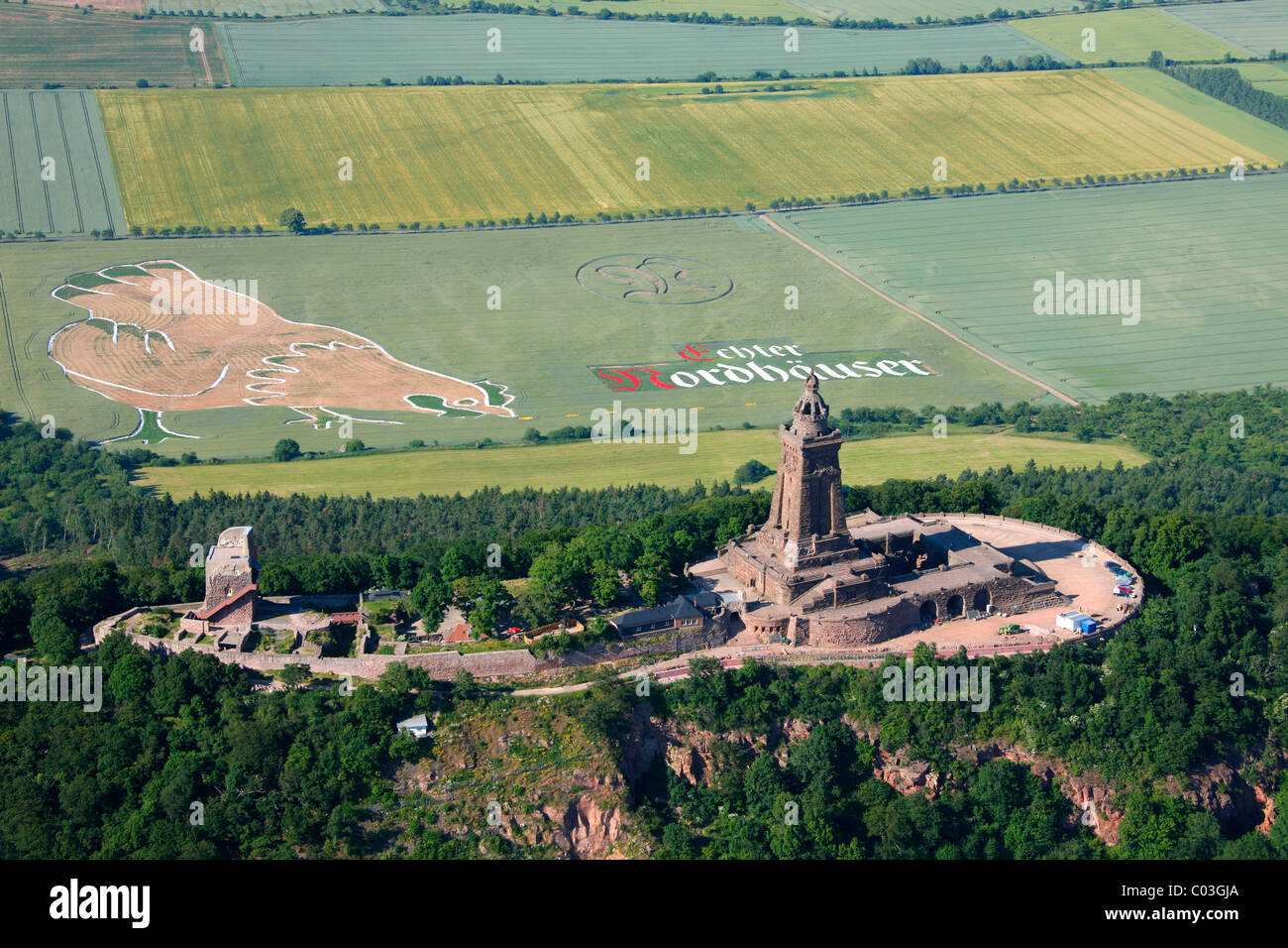 Aerial view, Kyffhaeuser Monument on Kyffhaeuser Mountain, at the rear ...