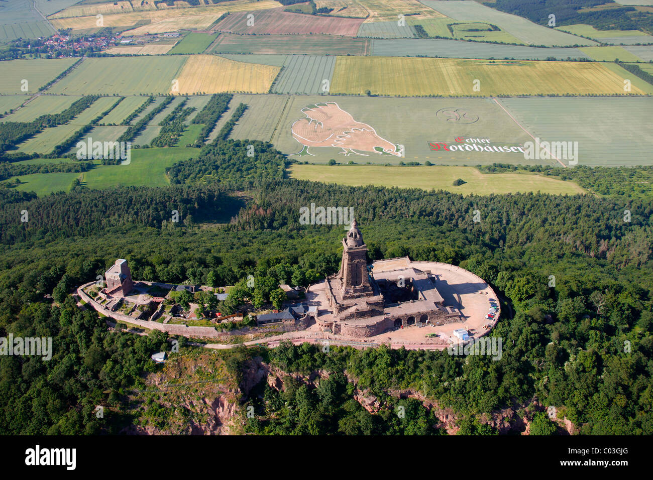 Aerial view, Kyffhaeuser Monument on Kyffhaeuser Mountain, at the rear ...