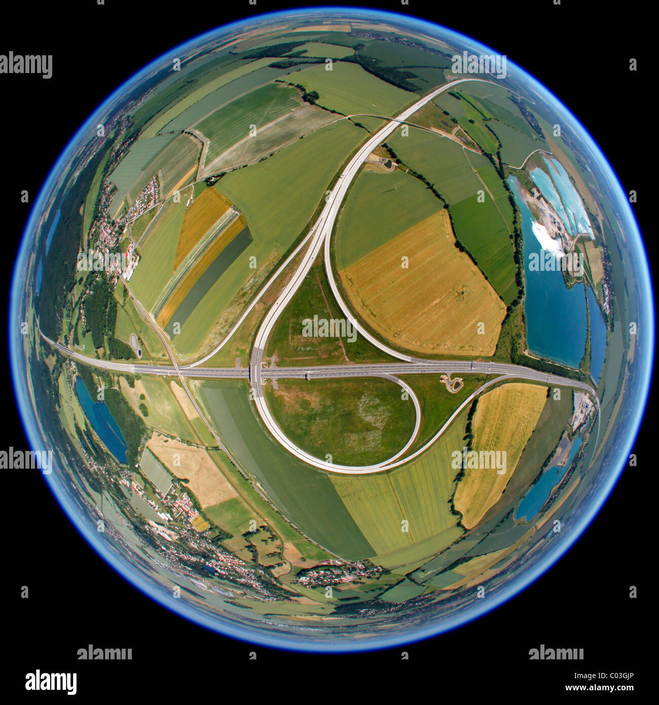 Aerial view, fisheye, spherical panorama, motorway junction A38, exit ...