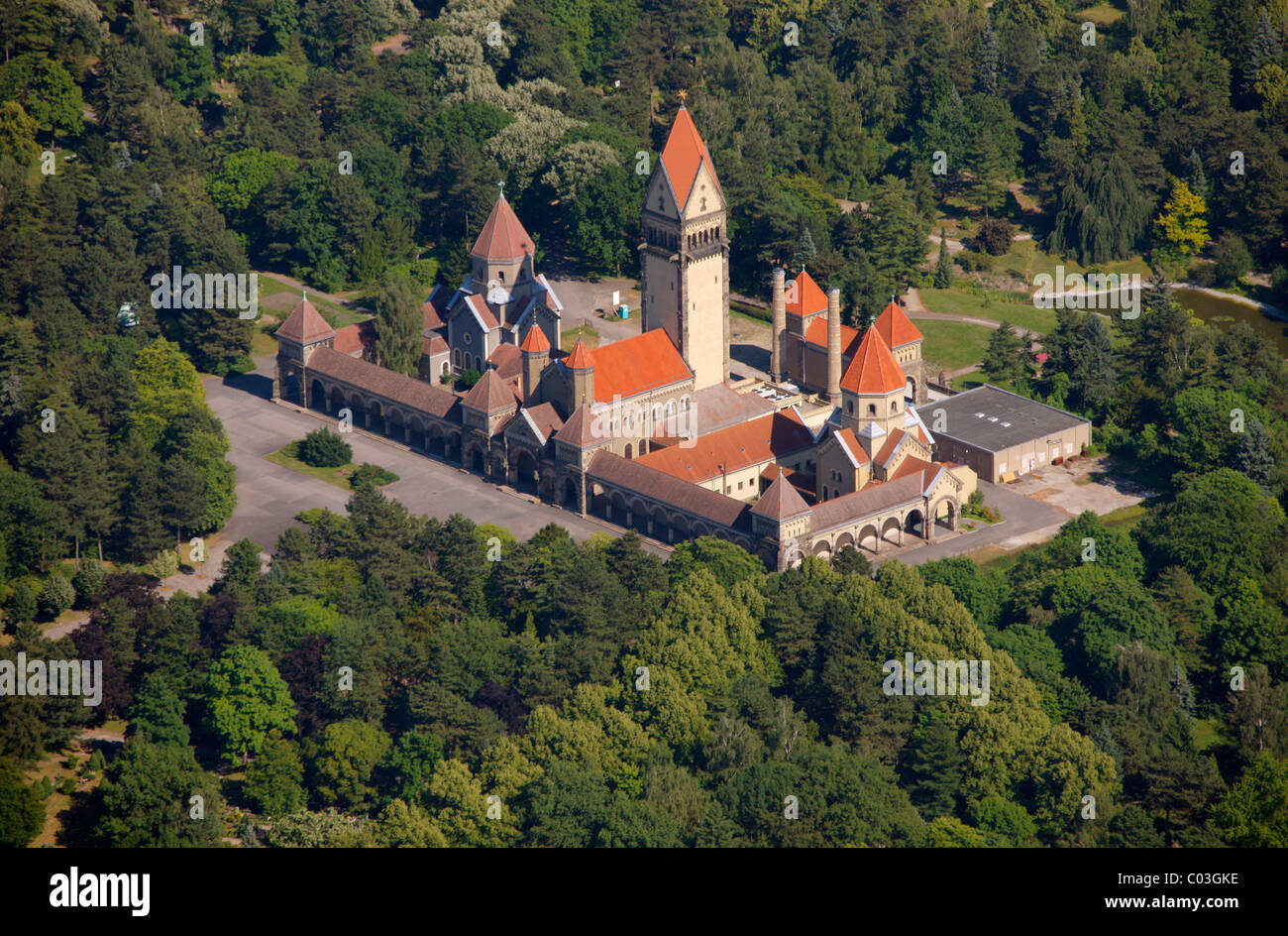 Aerial view, chapel complex with bell tower, Southern Cemetery, Leipzig ...