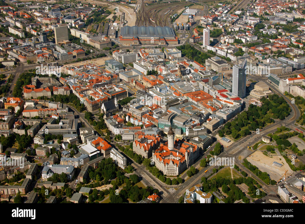 Aerial view, New City Hall, city administration, downtown, Leipzig ...