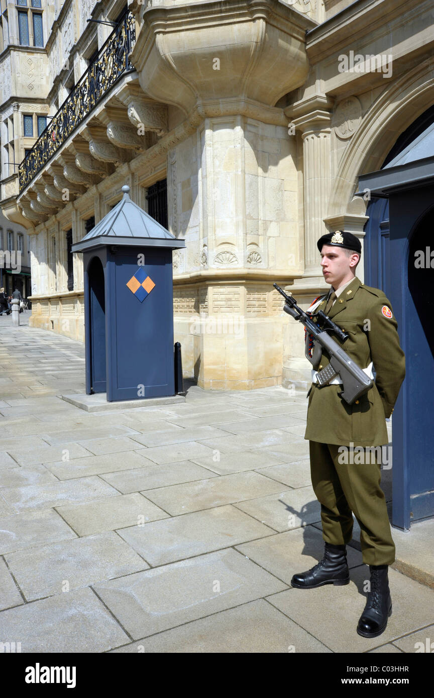 Palace guard at the Grand Ducal Palace, Rue du Marche-aux-Herbes street ...