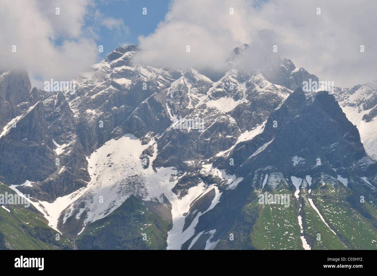 Central main ridge of the Allgaeu Alps, seen from the Gugger See lake ...
