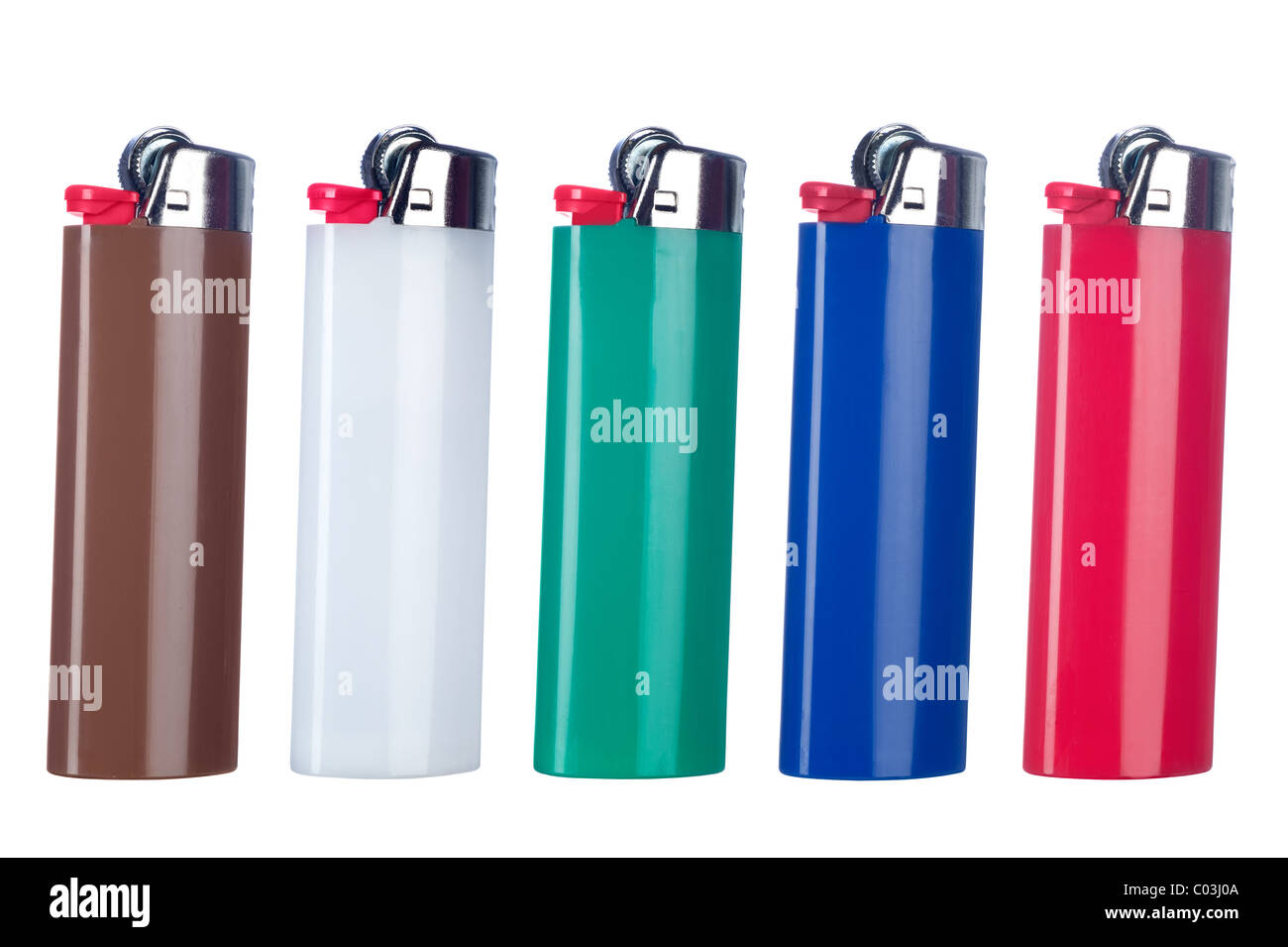 A montage of five new butane lighters each isolated against a white ...