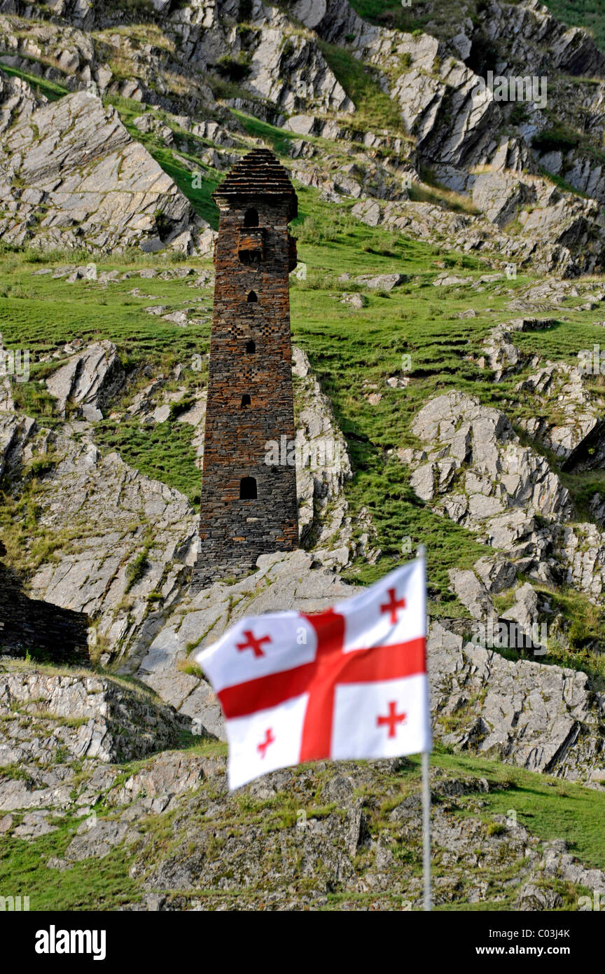 Signal tower with the flag of Georgia, Girevi, Tusheti, Georgia ...