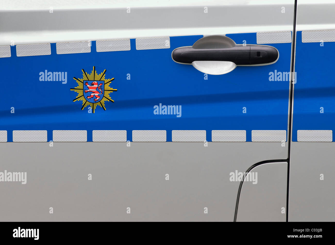 Hesse Police, coat of arms on a blue banderole on the door of a police ...