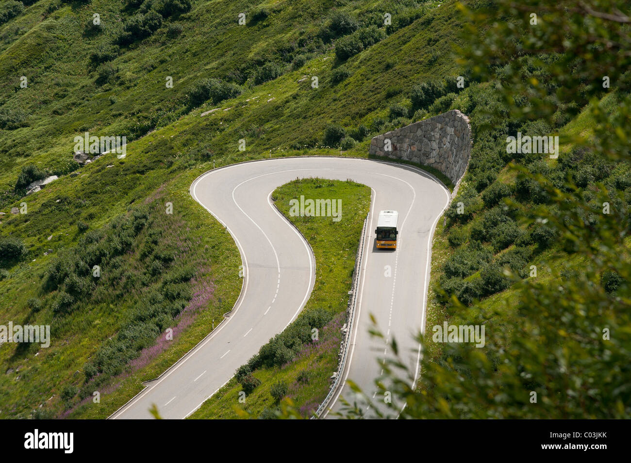 Furka Pass road and a mail bus, canton of Valais, Switzerland, Europe ...