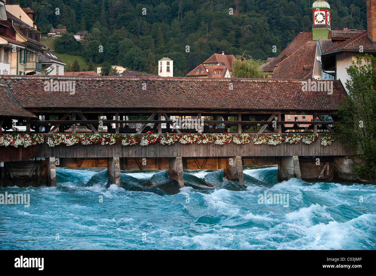 Wooden bridge across the Aare River in Thun, canton of Bern ...