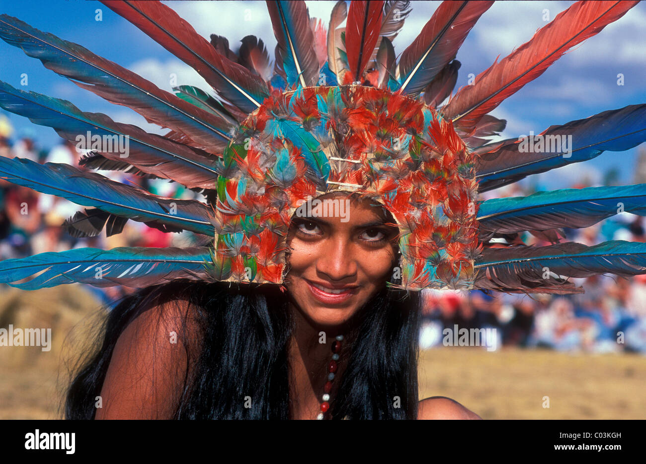 Snake dancer wearing an Inca-style feather headdress, Intu Raymi ...