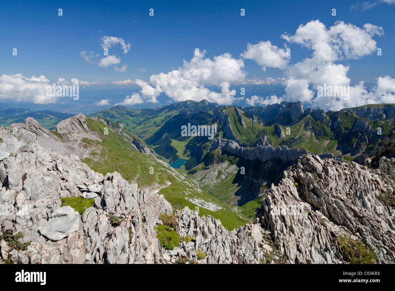 View from Saentis Mountain towards the Alpstein Range and Lake ...