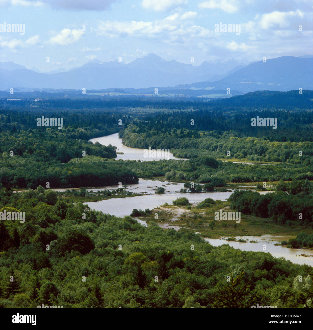 Isar River, Isar wetlands, Pupplinger Au, Wolfratshausen with the Alps ...