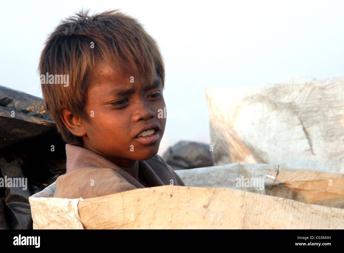 A young boy who is a child laborer is sitting in a big garbage sack at ...