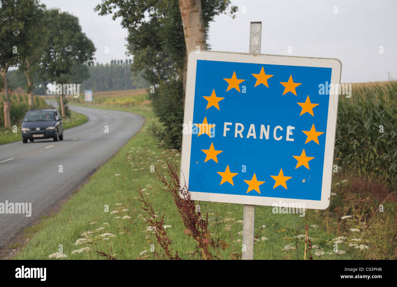 Common road sign of the European flag seen on the road border between ...