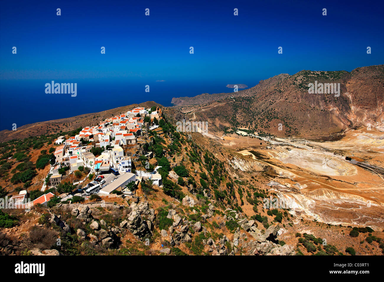 Beautiful Nikia village, hanging over the volcano of Nisyros island ...