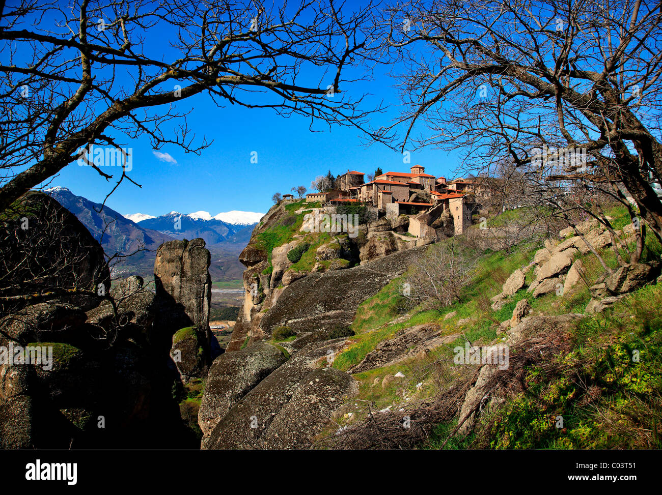 Greece, Meteora. On the upper right part the Great Meteoron monastery ...