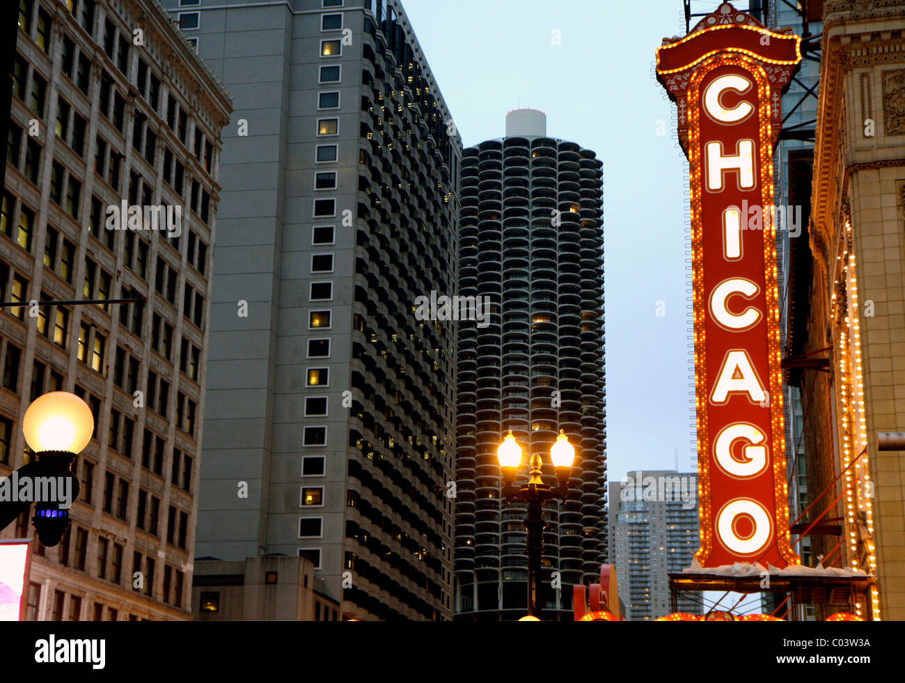 Chicago famous sign at the theater at night illumination and Corn ...