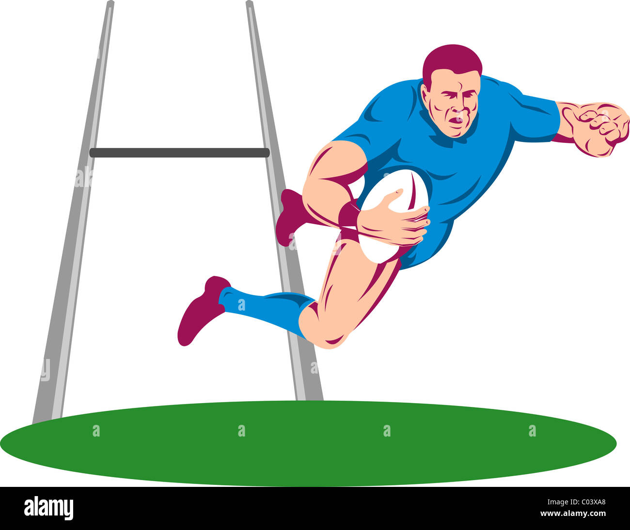 illustration of rugby player diving scoring a try done in retro style ...