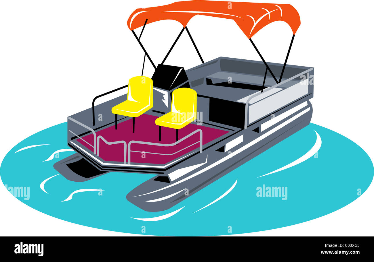 Illustration of pontoon boat rear view in blue circle on white ...