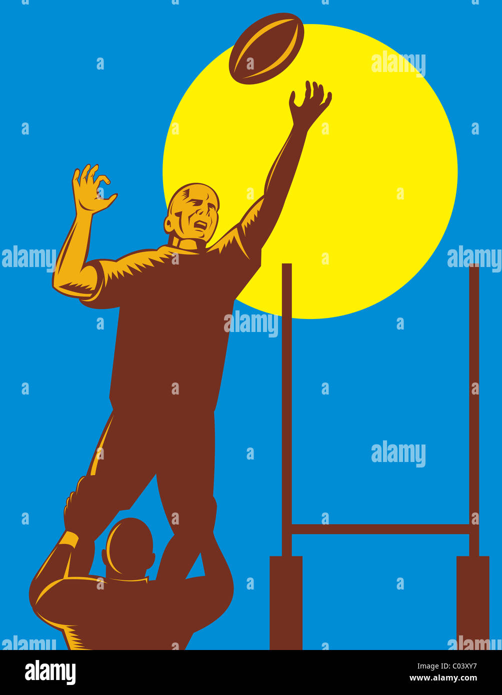 Illustration of rugby line-out player carrying another player reaching ...