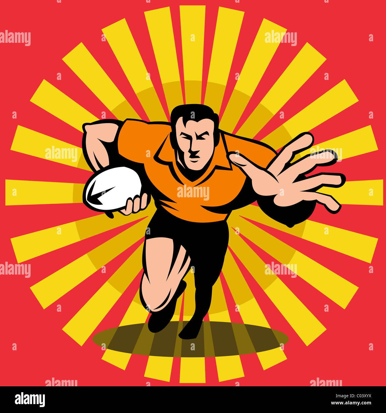Illustration of rugby player running with ball fending off full body ...